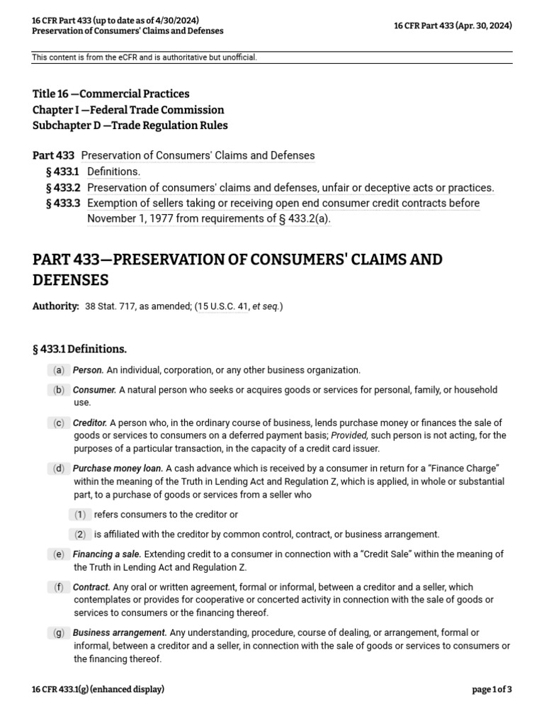 16 CFR Part 433 (Up To Date As of 4-30-2024) | PDF | Credit | Finance ...