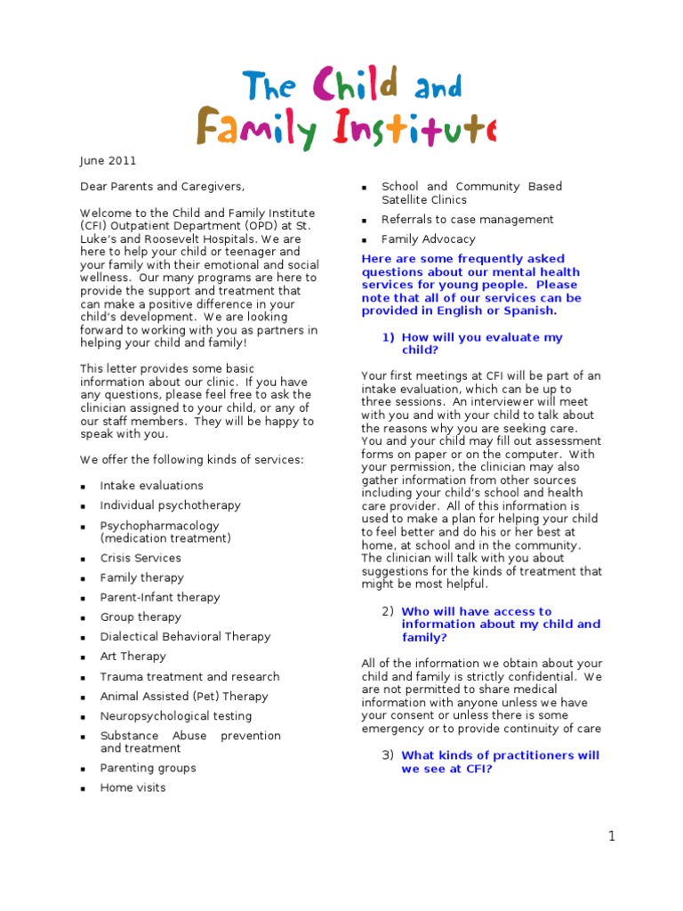 Welcome Letter For Families | PDF | Art Therapy | Psychotherapy