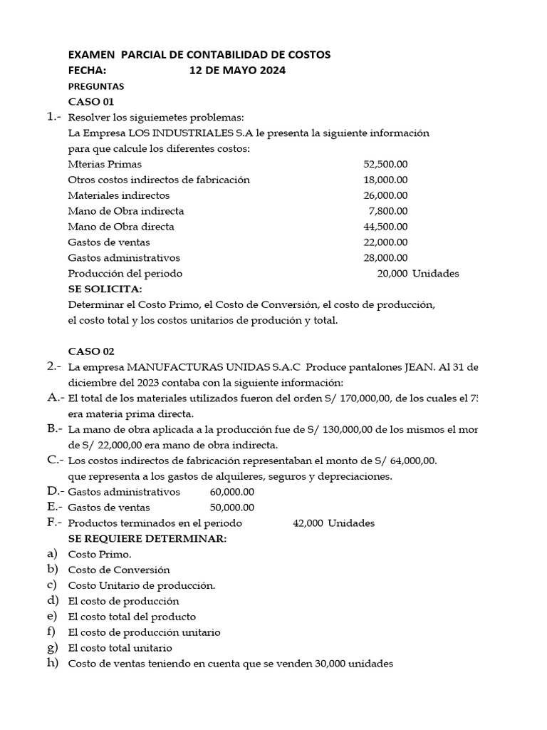Examen Parcial Contab Costos | PDF | Costo | Estado de resultados