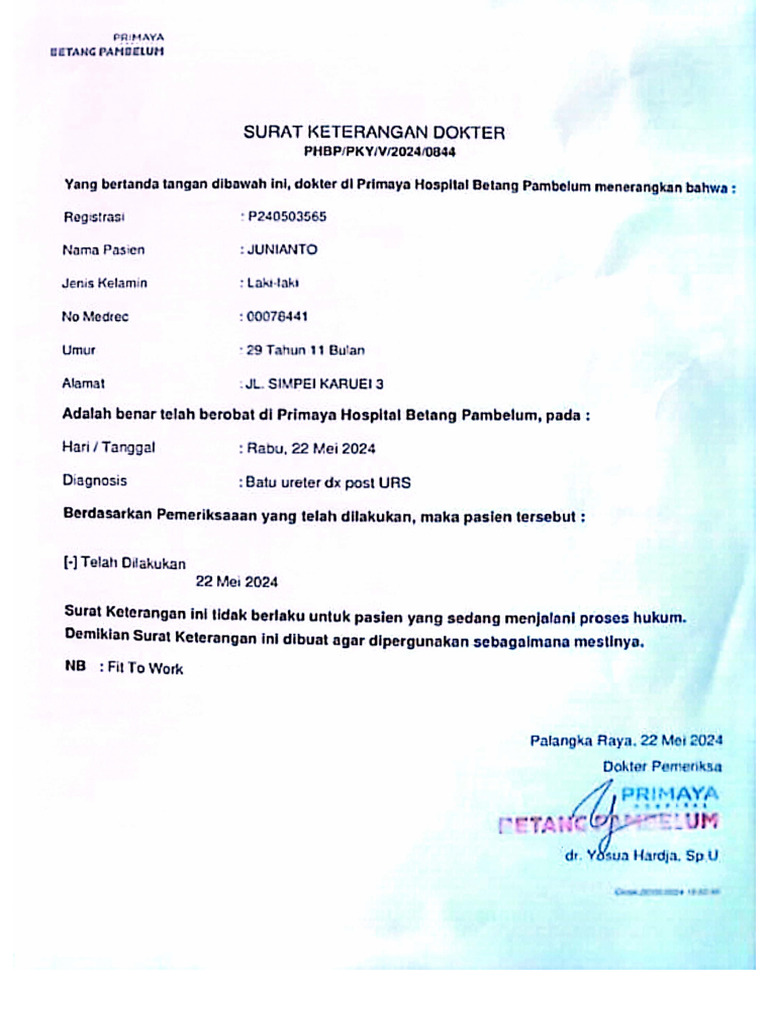 Surat Fit To Work Junianto | PDF