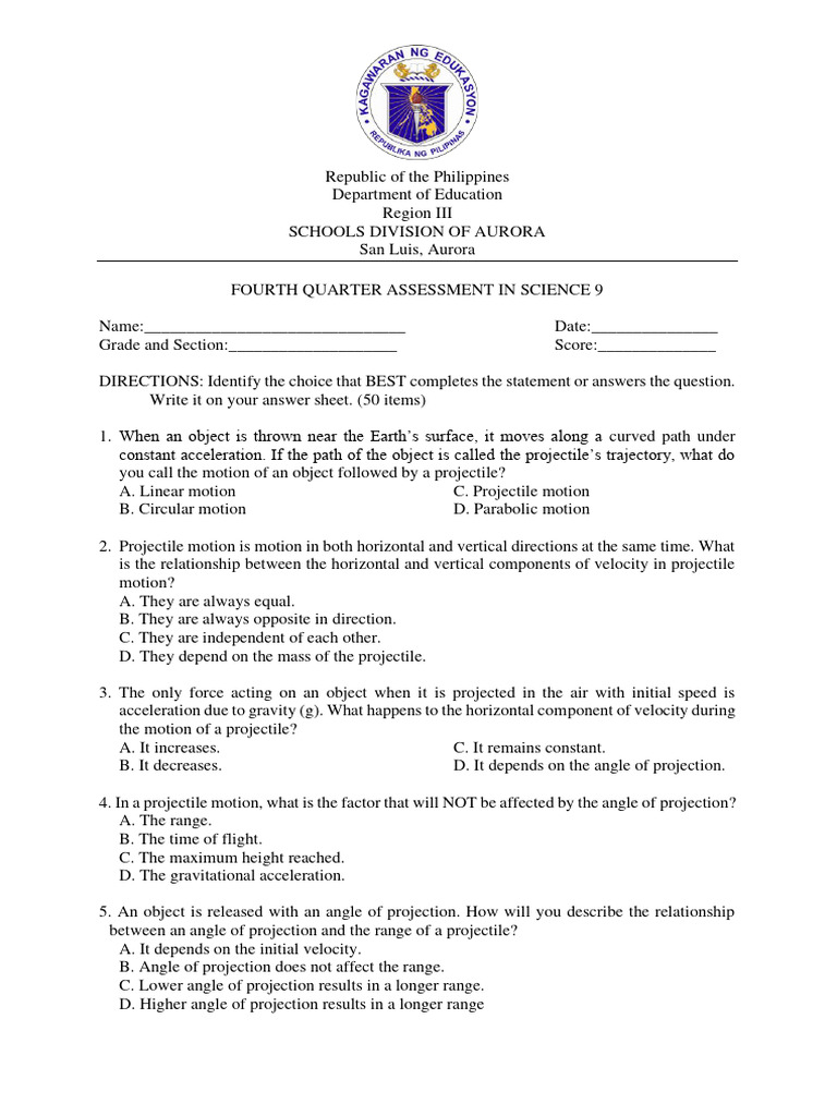 SDO AURORA - 4th Quarter Assessment in Science 9 | PDF | Momentum | Heat