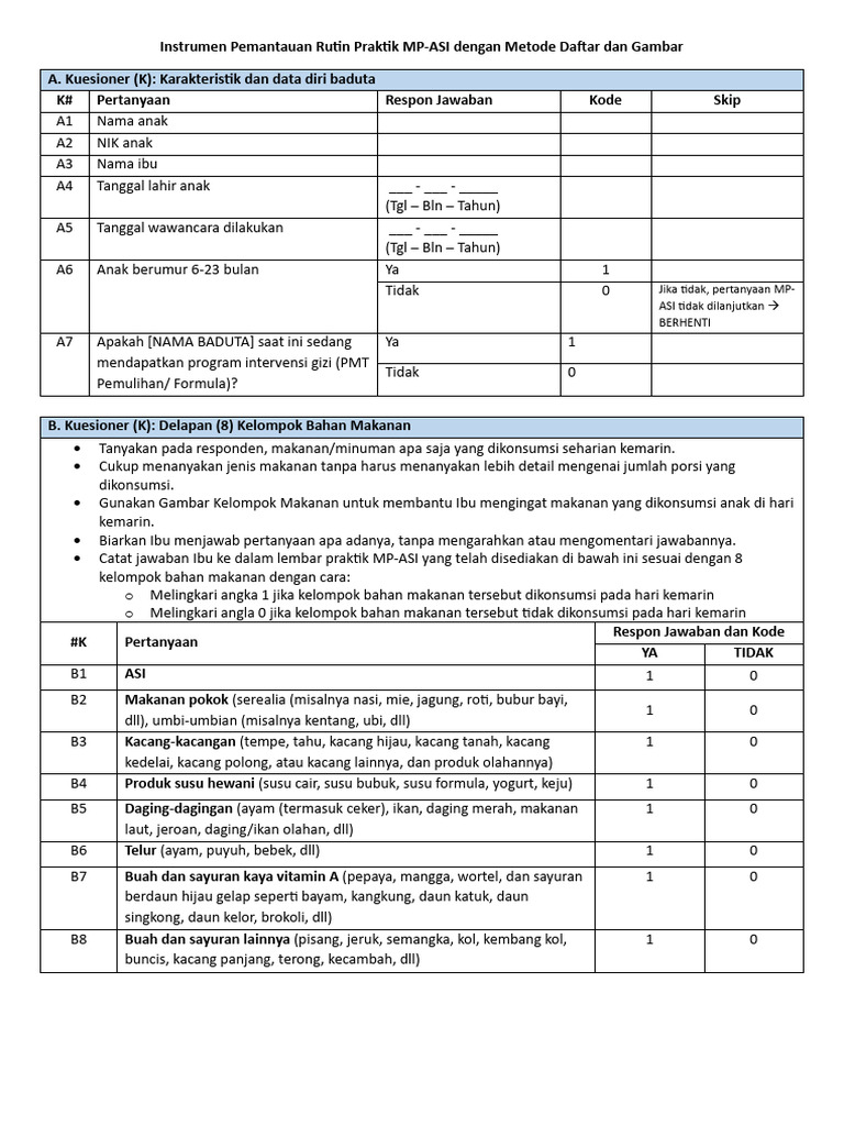 Instrumen KADER Pemantauan Rutin MP-ASI_Daftar Dan Gambar | PDF