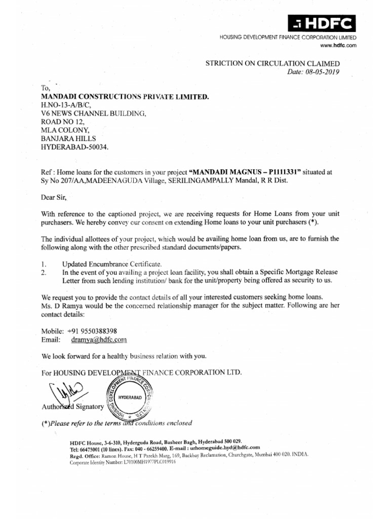 Project Approval Letter From HDFC Bank. | PDF