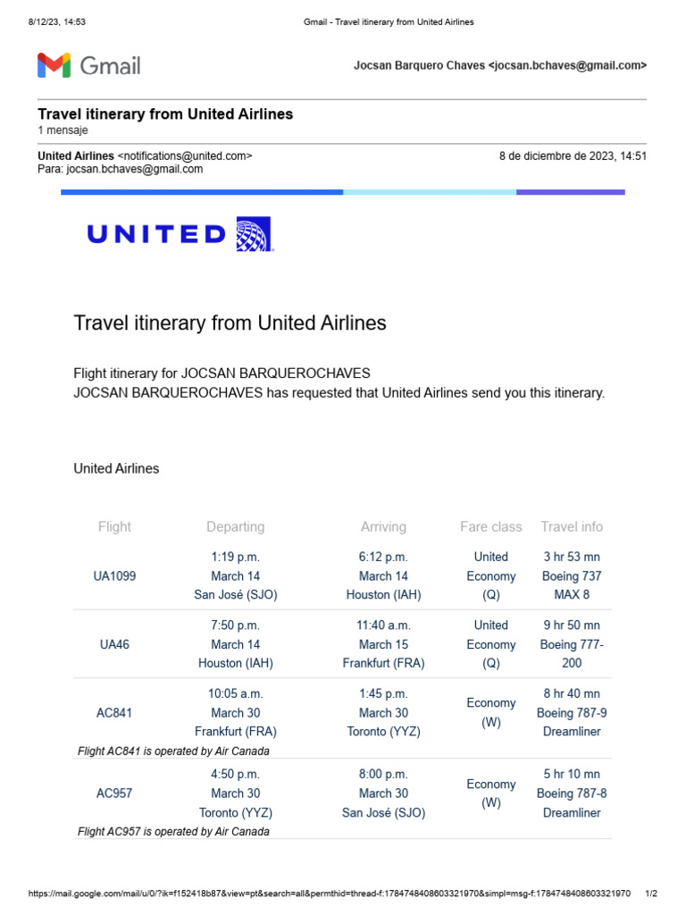 Gmail - Travel Itinerary From United Airlines | PDF | United Airlines | Aeronautics