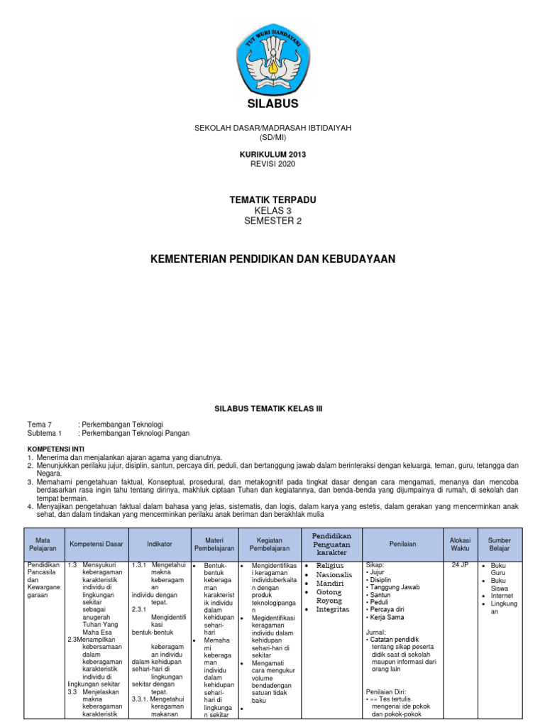 Silabus Kelas 3 Tema 7 - 9 Komponen 2023-2024 - WIEKE | PDF | Kesehatan Holistik