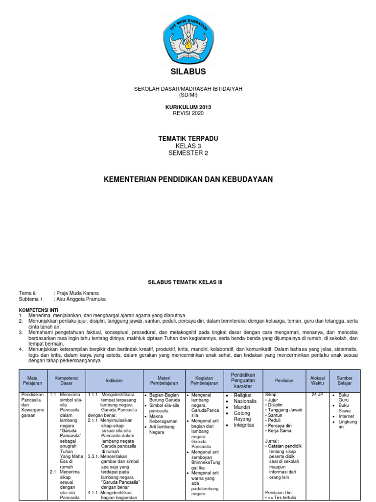 Silabus Kelas 3 Tema 8 - 9 Komponen 2023-2024 - Wieke | PDF