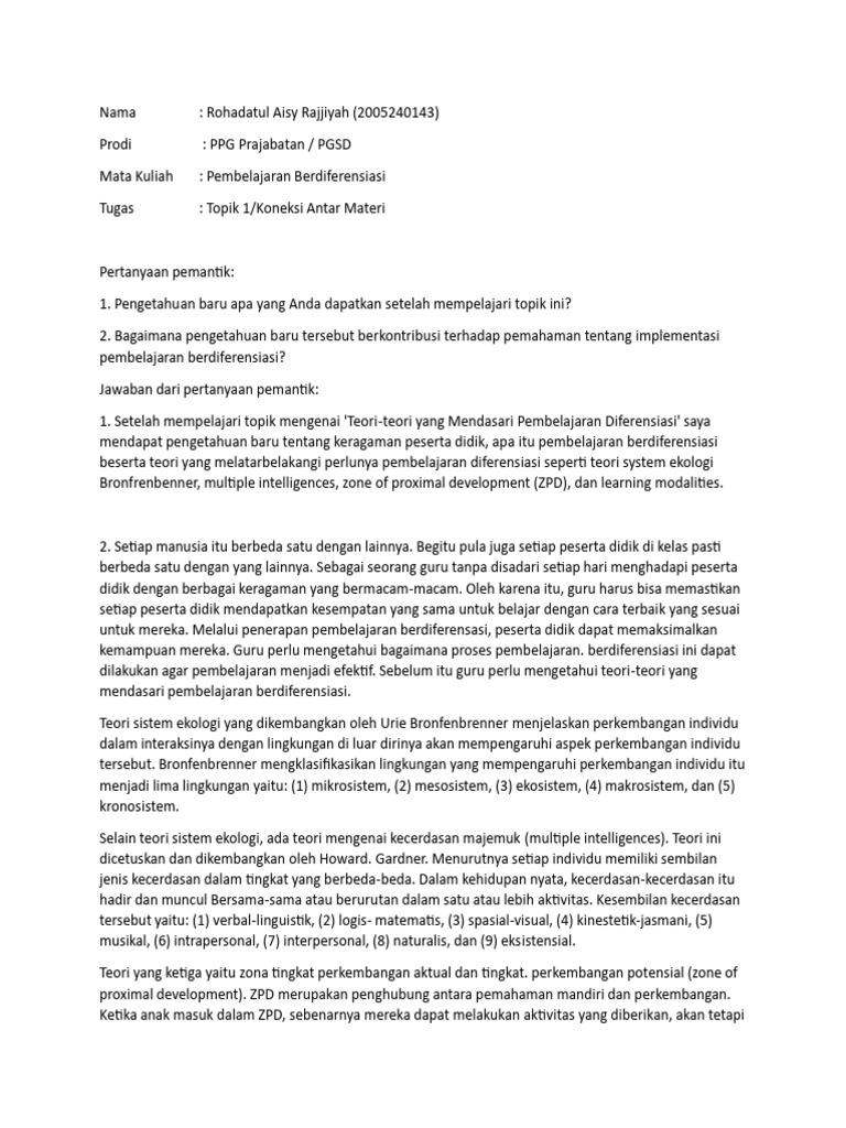 Koneksi Antar Materi - Pembelajaran Berdiferensiasi - Topik 1 | PDF | Karier & Perkembangan ...