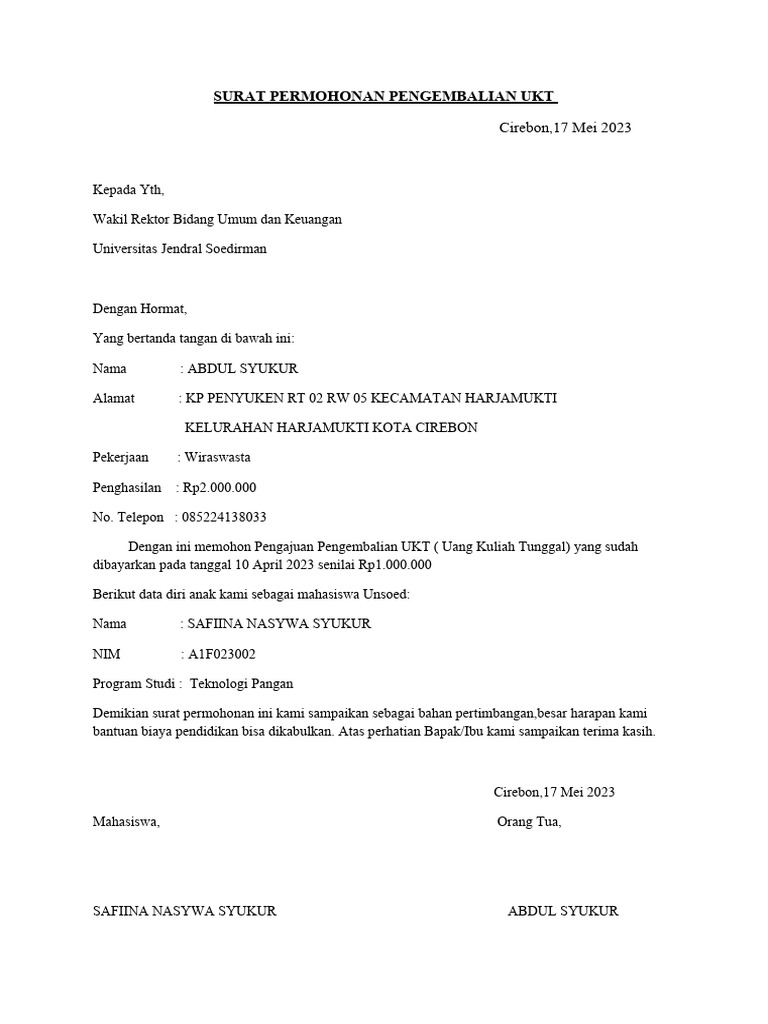 Surat Permohonan Pengembalian Ukt | PDF