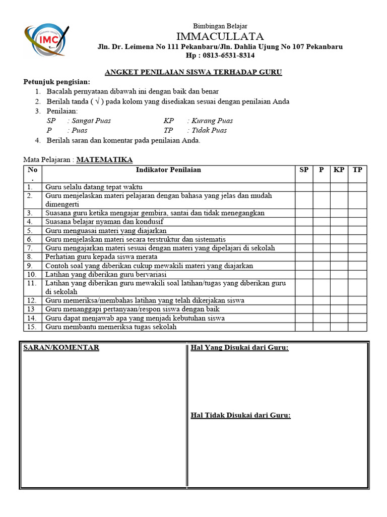 Angket Penilaian Siswa Terhadap Guru | PDF Angket Penilaian Siswa Terhadap Guru | PDF