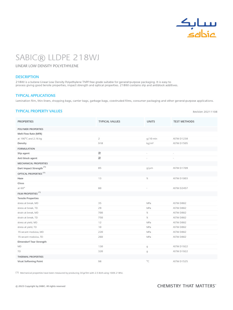 SABIC® LLDPE - 218WJ - Global - Technical - Data - Sheet | PDF | Strength Of Materials ...