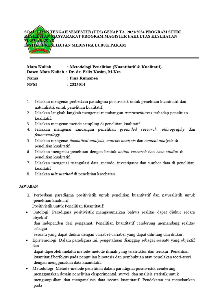 Fina Rumapea, UTS METODOLOGI PENELITIAN (KUANTITATIF & KUALITATIF) | PDF | Karier & Perkembangan ...