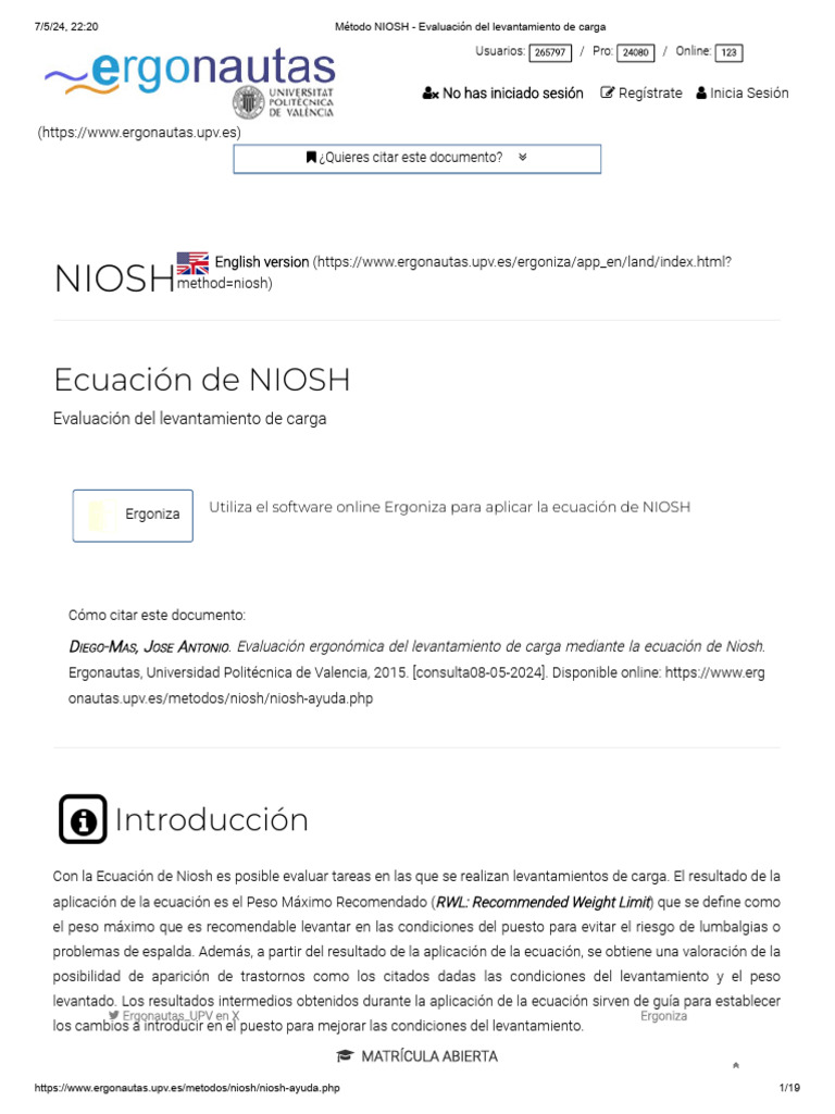 Método NIOSH - Evaluación Del Levantamiento de Carga | PDF | Ecuaciones | Kilogramo