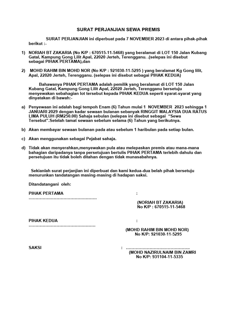 Perjanjian Sewa Premis 2023 | PDF
