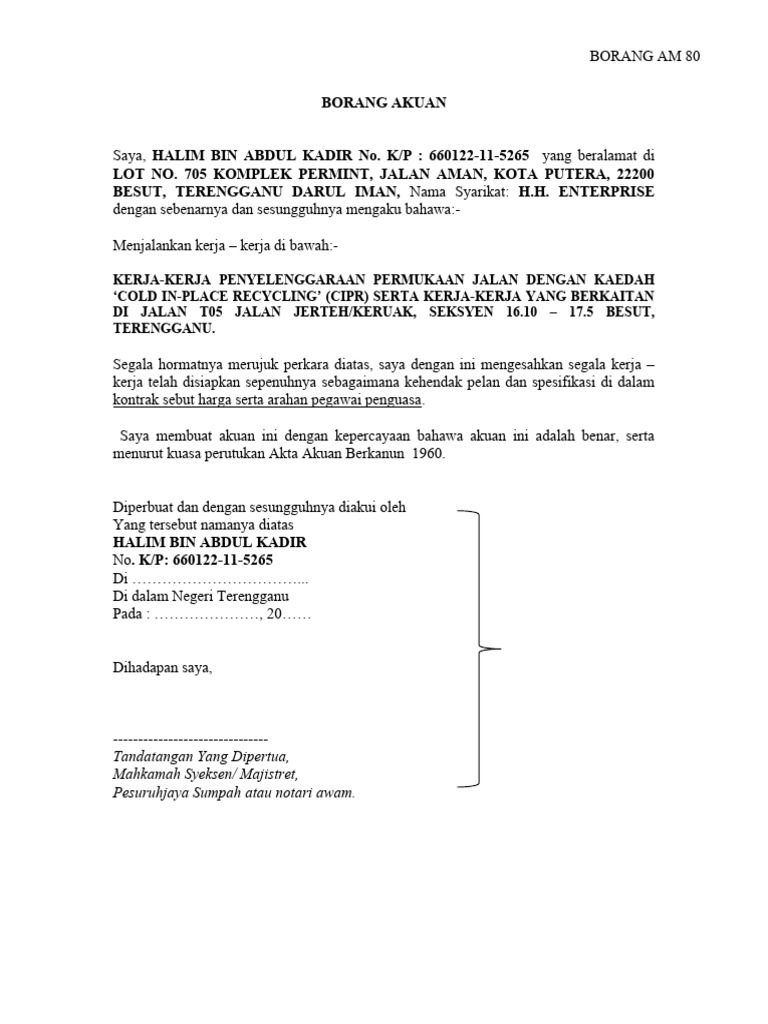 Akuan Kerja Penyenggaraan Jalan | PDF