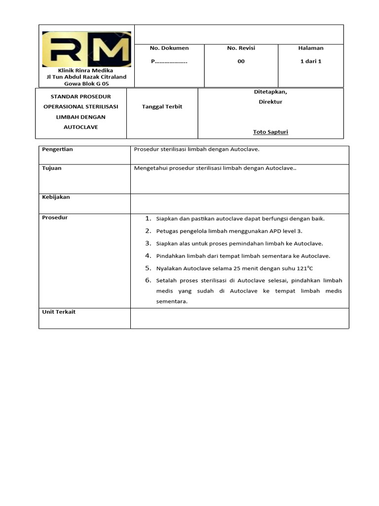 Spo Sterilisasi Limbah Dengan Autoclave KRM | PDF | Griya & Taman | Sains & Matematika