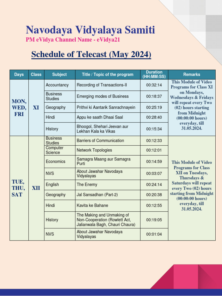 May 2024 eVidya Telecast Schedule | PDF | School Types | Educational ...
