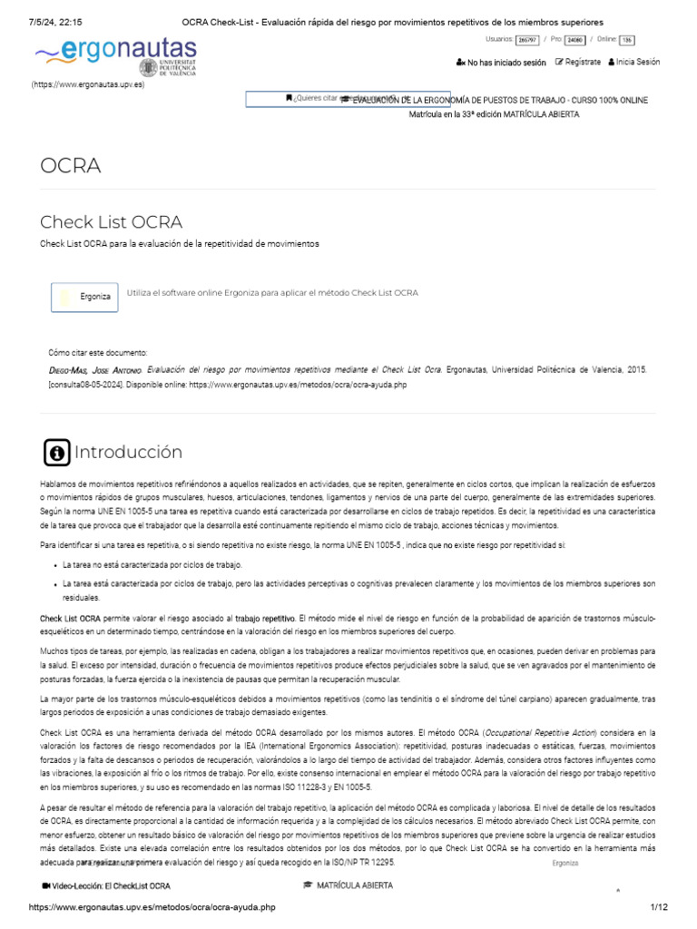 OCRA Check-List - Evaluación Rápida Del Riesgo Por Movimientos Repetitivos de Los Miembros ...