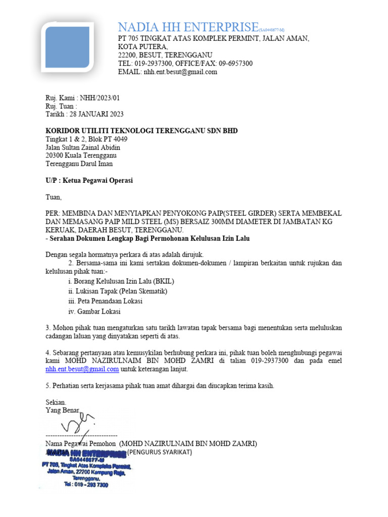 Permohonan Kelulusan Proyek Paip | PDF