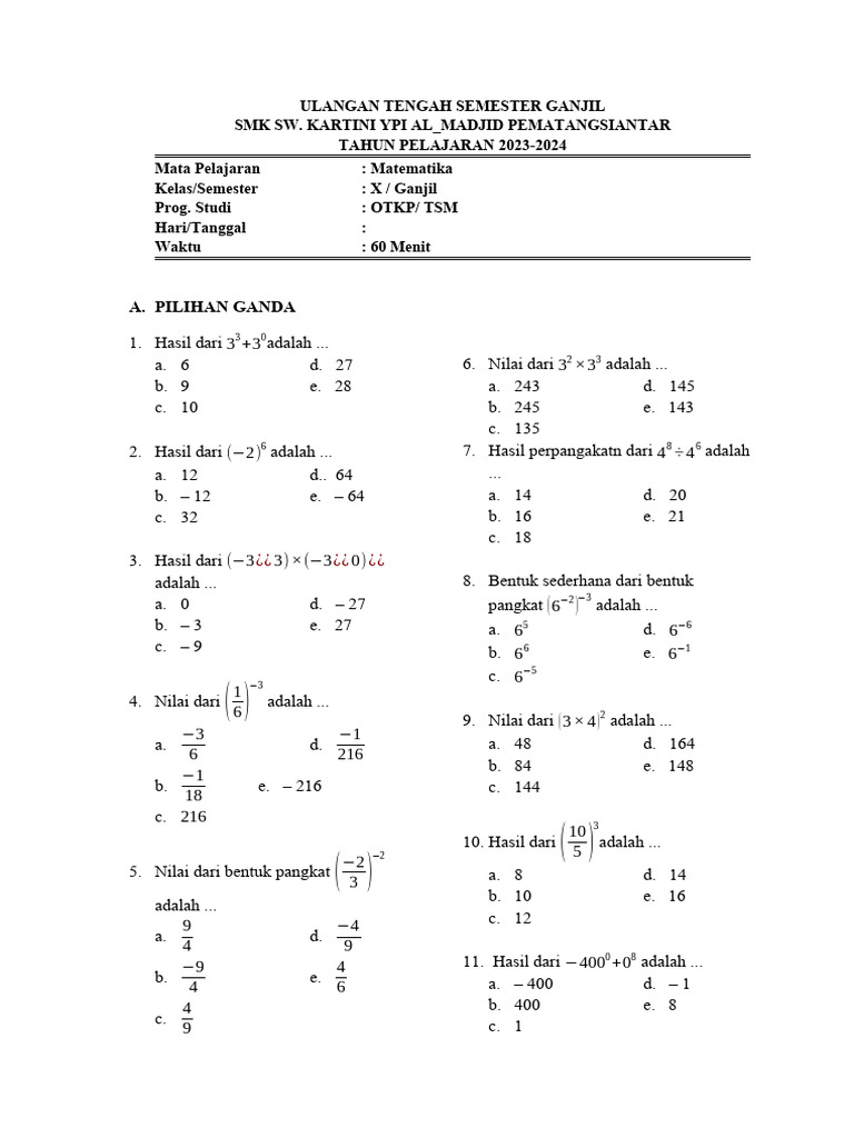 UTS Matematika Kelas X SMK 2023 | PDF