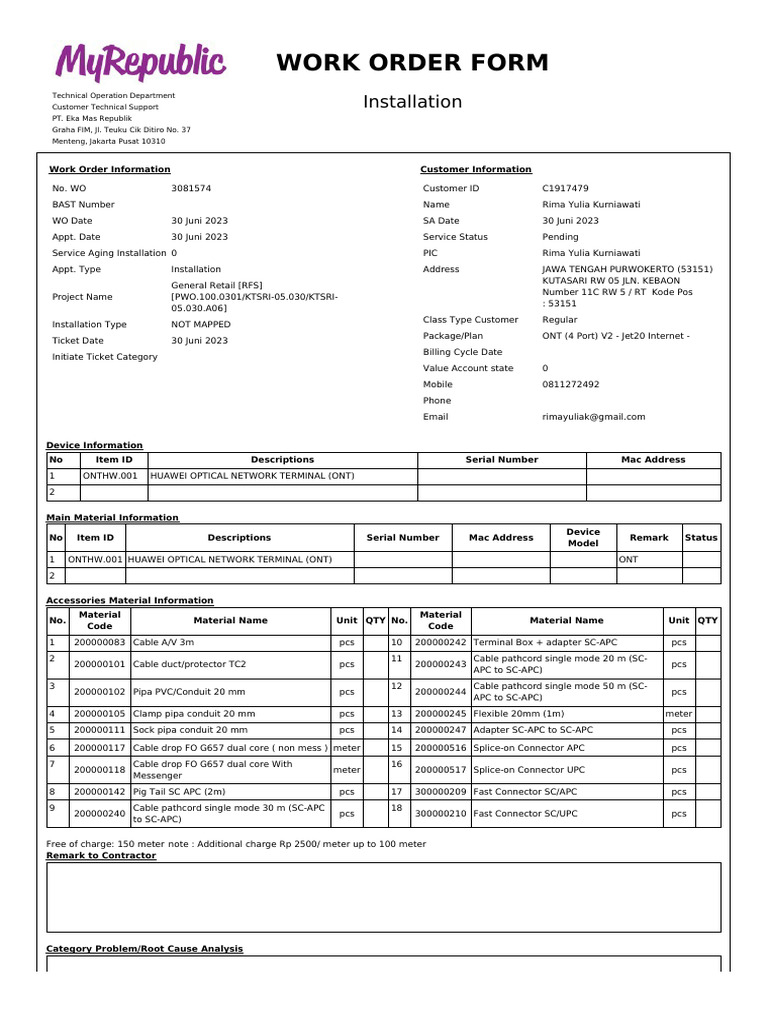 Work Order Form: Installation | PDF | Equipment | Telecommunications