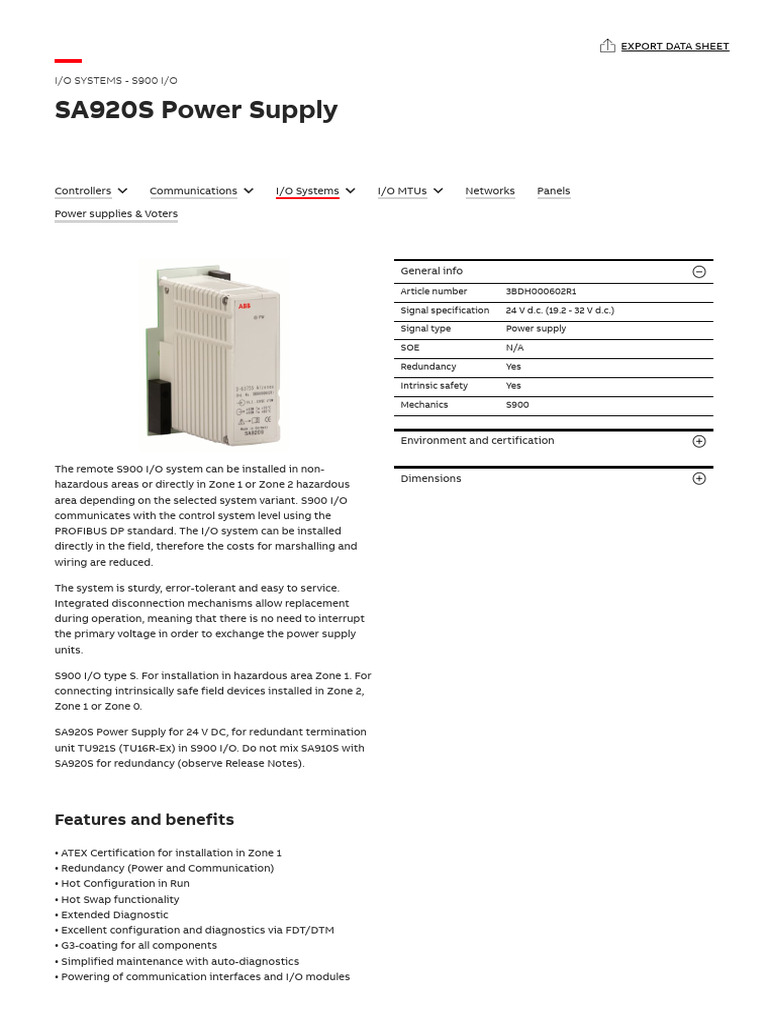 SA920S Power Supply - I - O Systems - S900 I - O - ABB Process ...