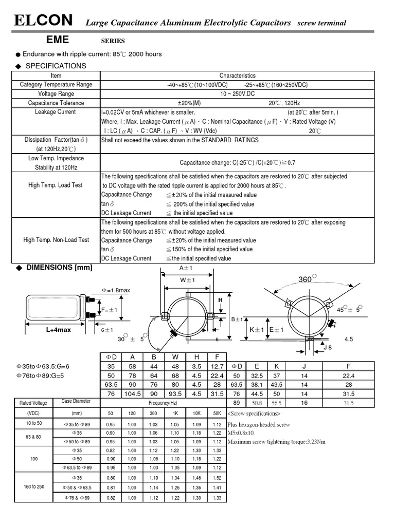 Elcon (Screw Terminal) 2006 EME Series | PDF | Capacitor | Manufactured ...