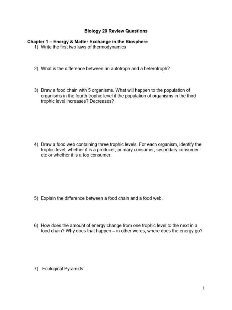 Biology 20 Final Exam Review Summer | PDF | Cellular Respiration | Food Web