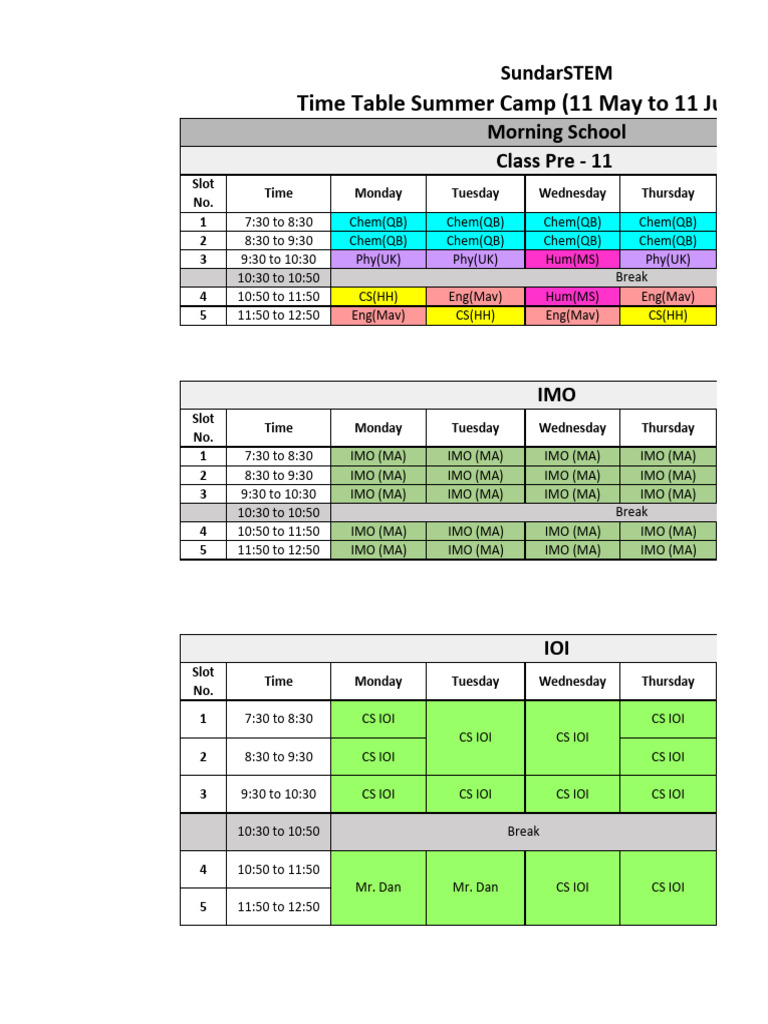 Summer Camp Timetable for Class 10 | PDF