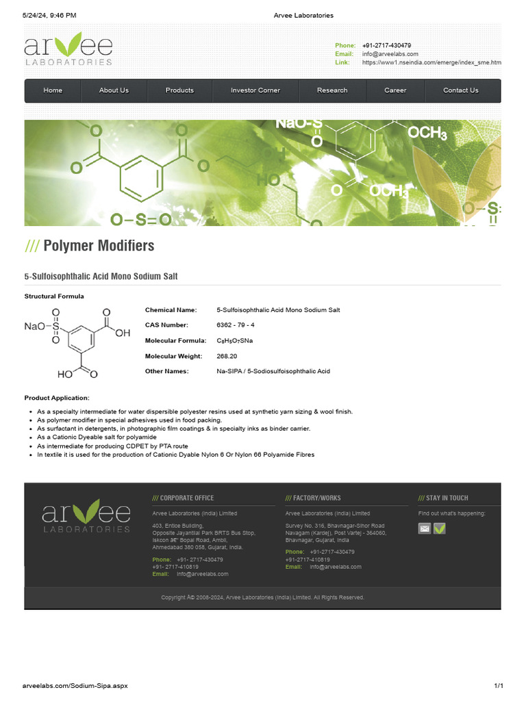 Arvee Laboratories - Mono Sodium Salt of 5-Sulfoisophthalic Acid | PDF ...