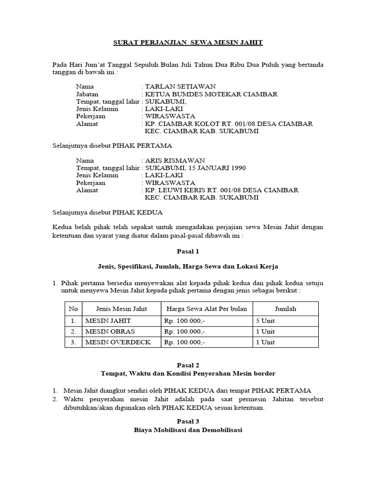Surat Perjanjian Sewa Mesin Jahit | PDF