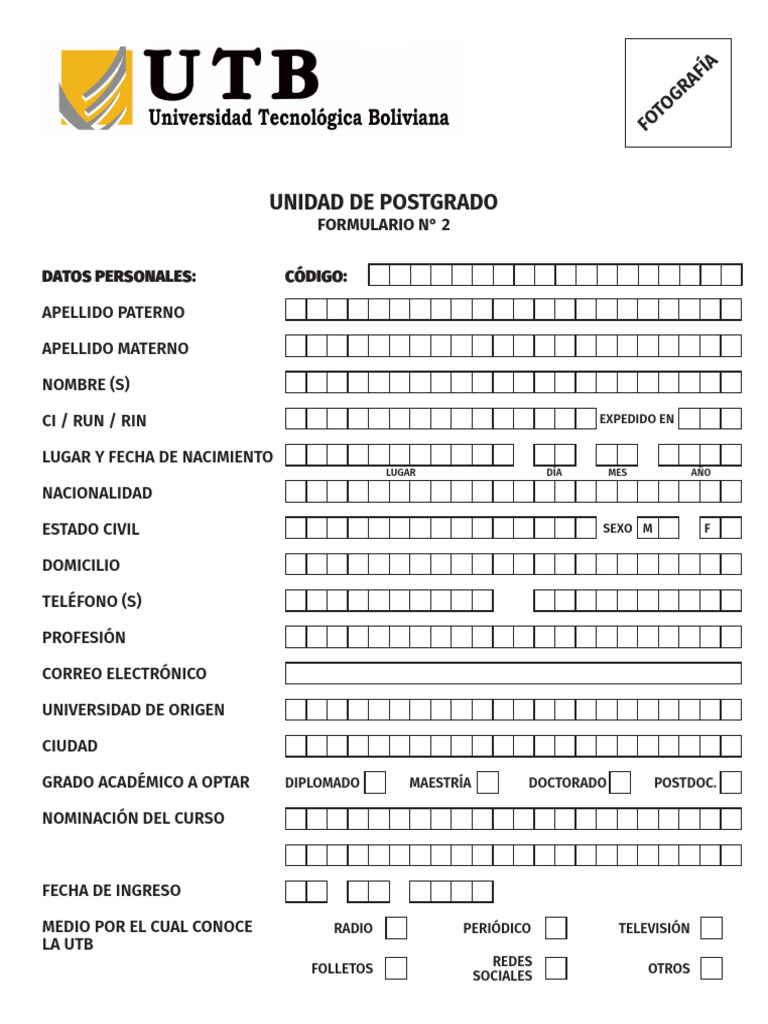 Postgrado Formulario N°2 | PDF | Documento de identidad | Gobierno y personalidad