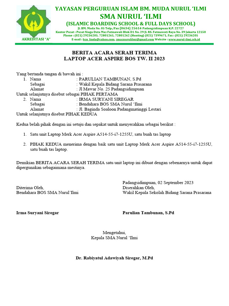 Berita Acara Serah Terima Laptop | PDF