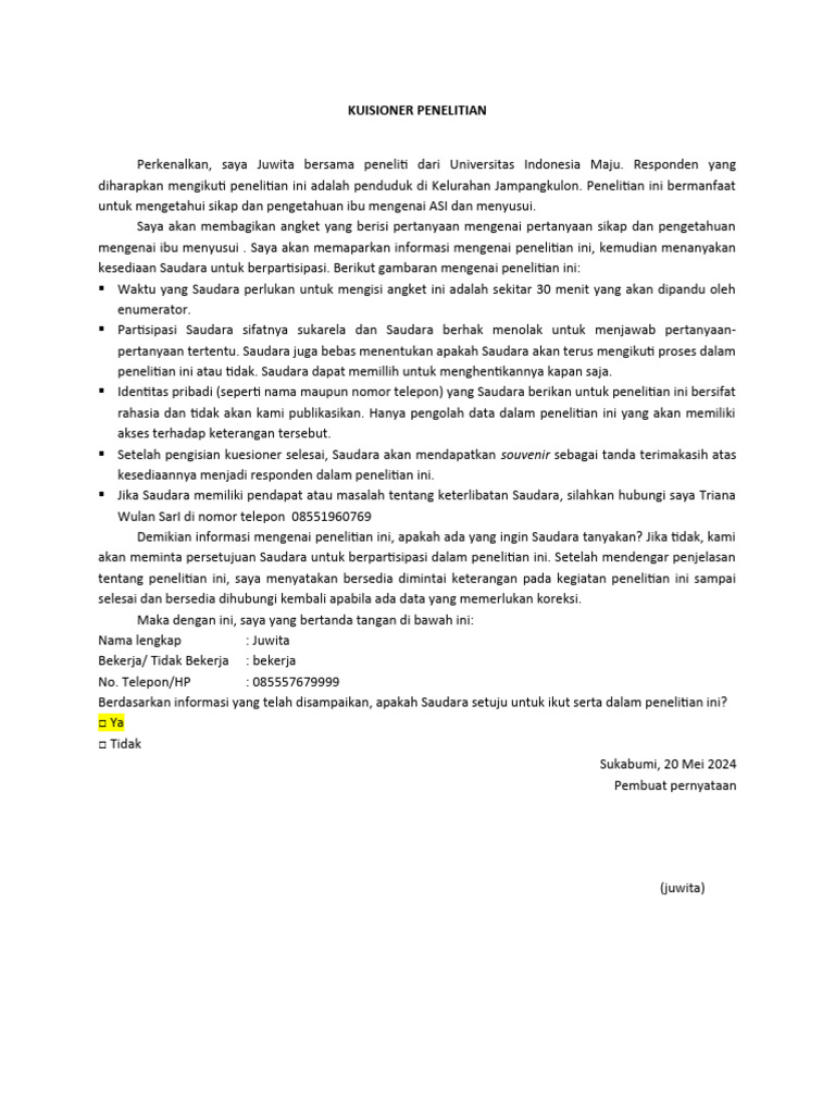 Kuesioner Penelitian Responden 10triana Wulan Sari | PDF