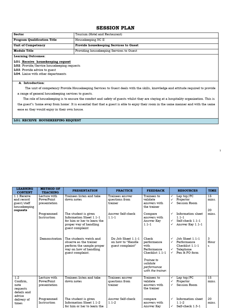 SESSION PLAN Finals | PDF | Housekeeping