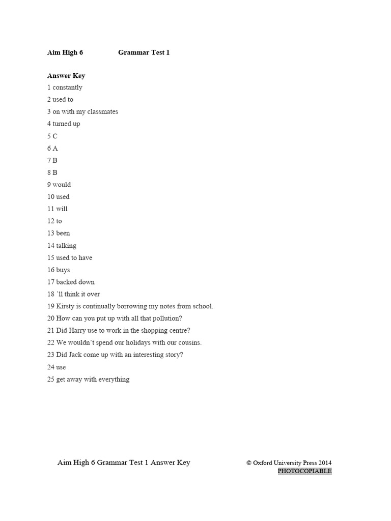 Aim High 6 Grammar Test 1 Answers | PDF