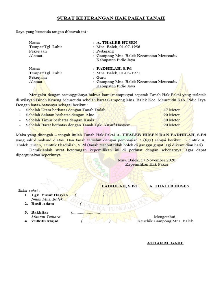 Surat Keterangan HAK MILIK TANAH Gp. Dayah Usen | PDF