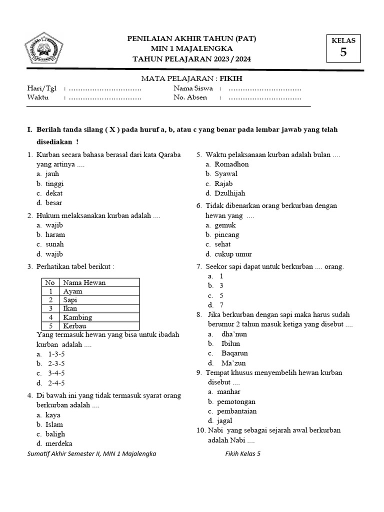 GF - Soal PAT Kelas 5 - Fikih 2 TP 2023 - 2024 | PDF