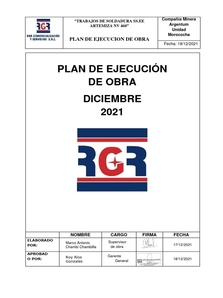 Plan de Ejecucion de Obra Trabajos de Soldadura Artemiza 18-12-2021 | PDF | Seguridad y salud ...