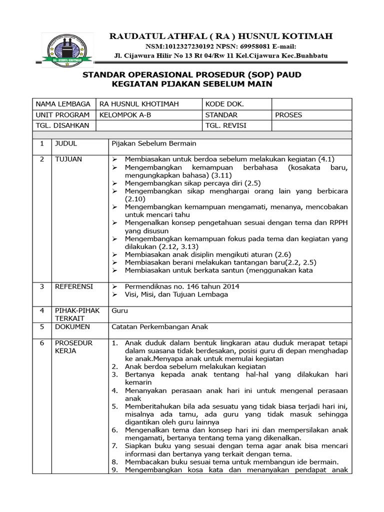 CONTOH SOP RAUDHATUL ATHFAL Doc | PDF