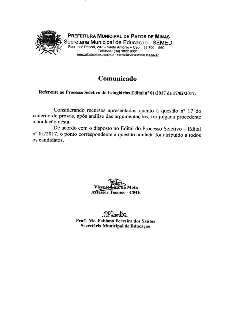 Comunicado Processo Selivo | PDF