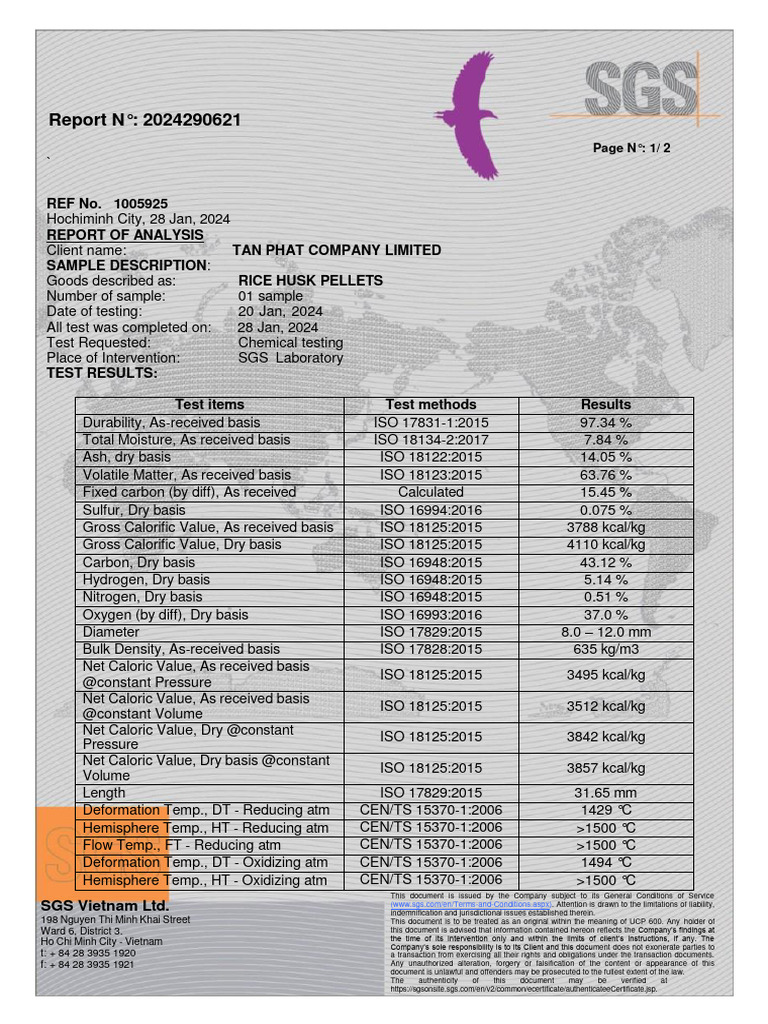 TAN PHAT - SGS - COA - Rice Husk Pellets - 2024 | Download Free PDF | Chemistry | Materials