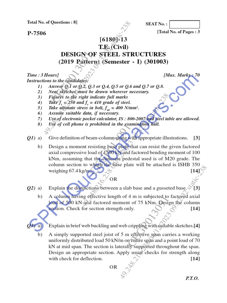 Be - Civil Engineering - Semester 5 - 2023 - November - Design of Steel Structures Doss Pattern ...