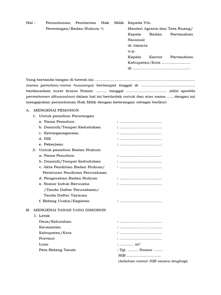 Permohonan Pemberian Hak Milik Perorangan Atau BH | PDF | Hukum