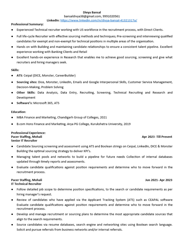Divya Bansal Updated Resume 01 | PDF | Recruitment | Linked In