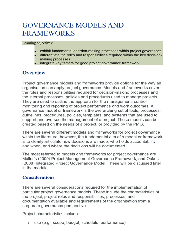 Governance Models and Frameworks | PDF | Project Management | Governance