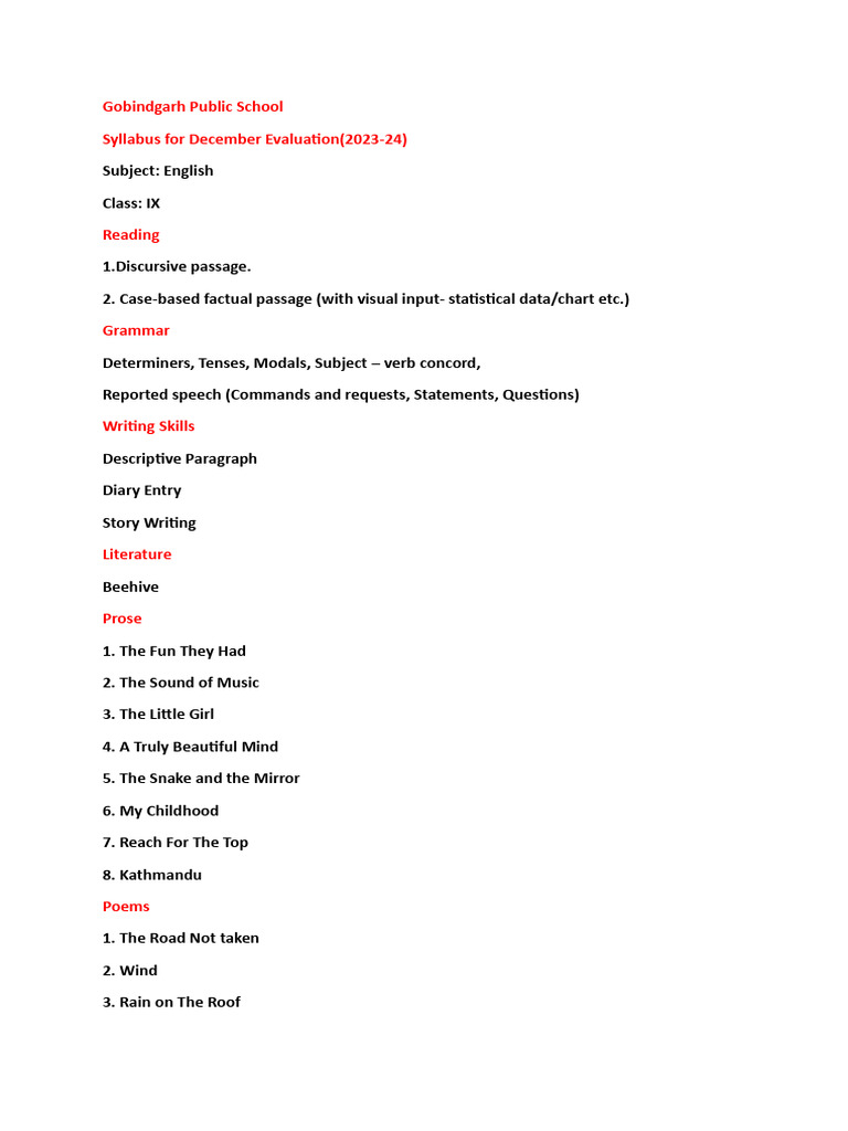 Class IX English Syllabus December 2023 | PDF