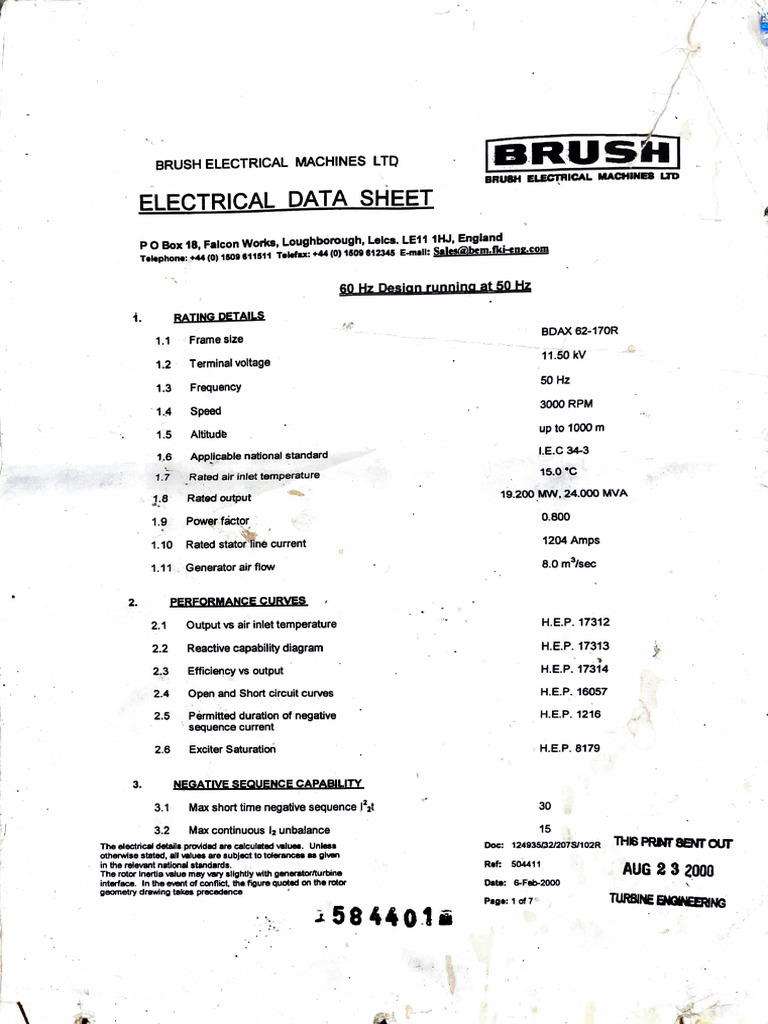 Electrical Data Sheet | PDF | Electric Generator | Electrical Engineering