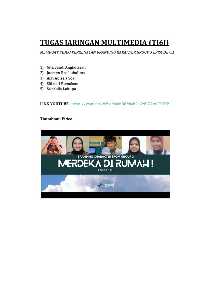 Tugas Video Perkenalan Diri Episode 0.1 - Mata Kuliah Jaringan Multimedia (Group 3) | PDF