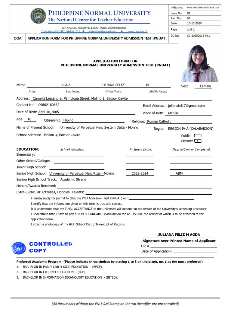 Application Form For Philippine Normal University Admission Test (Pnuat ...