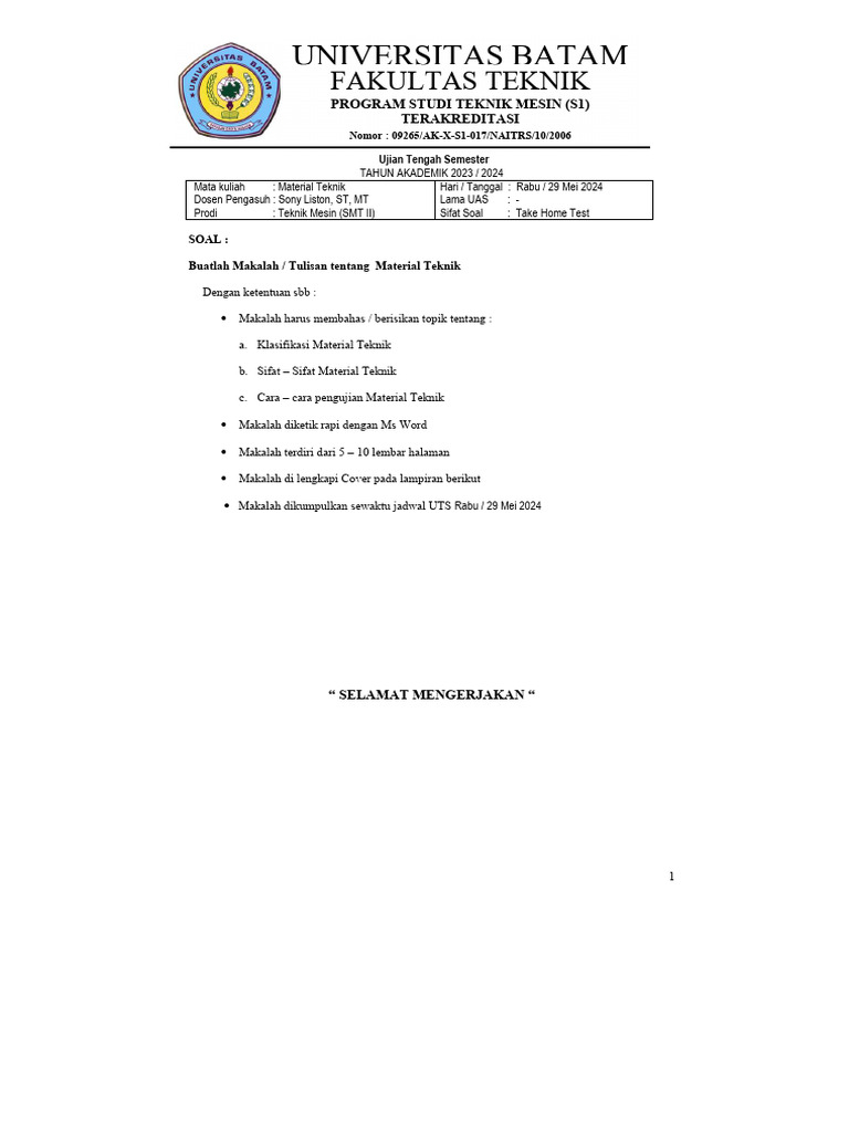 Soal Uts Material Teknik | PDF